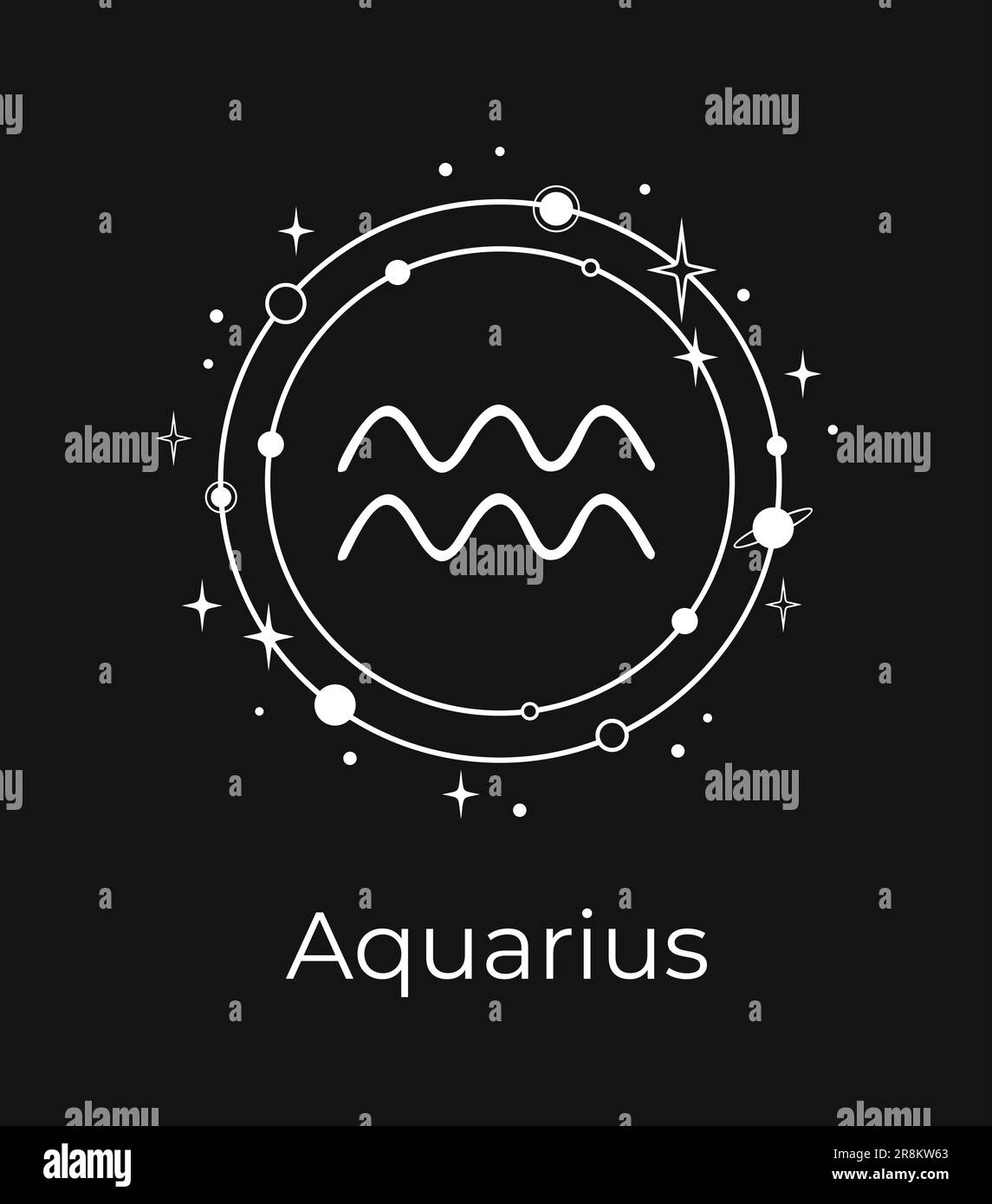 White Aquarius sign with planets and stars on a black background Stock ...