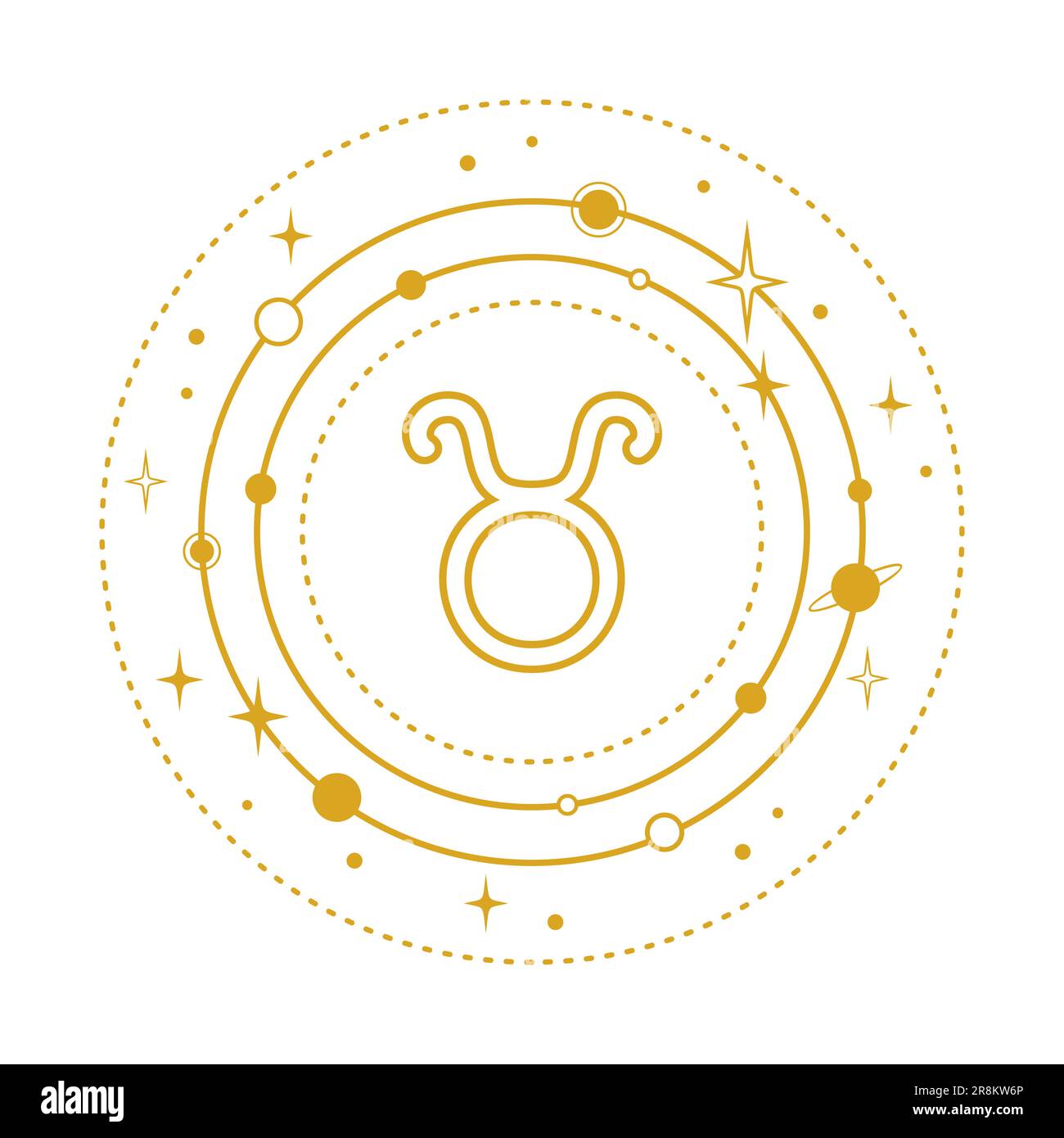 Golden Taurus sign stylized with planets and stars in orbits on a white ...