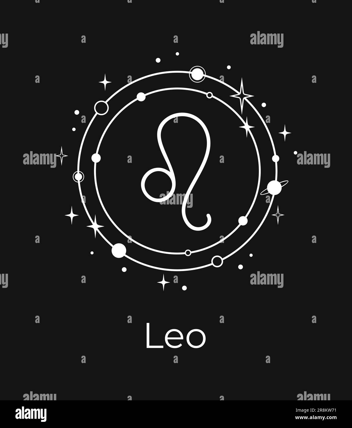 White Leo sign with planets and stars on a black background Stock ...