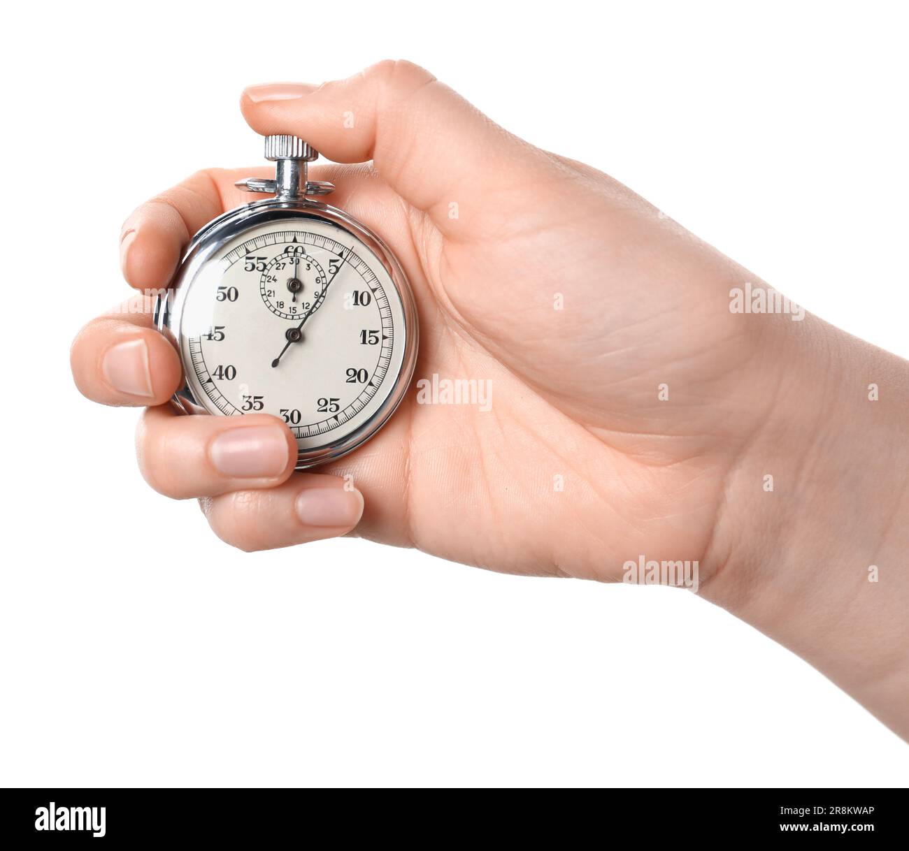 Woman holding vintage timer on white background, closeup Stock Photo ...