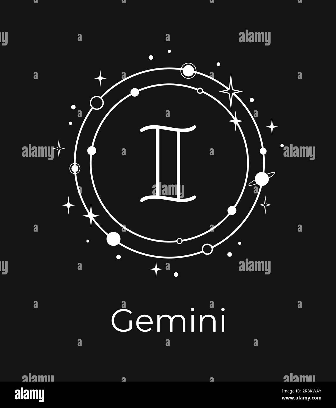 White Gemini sign with planets and stars on a black background Stock ...