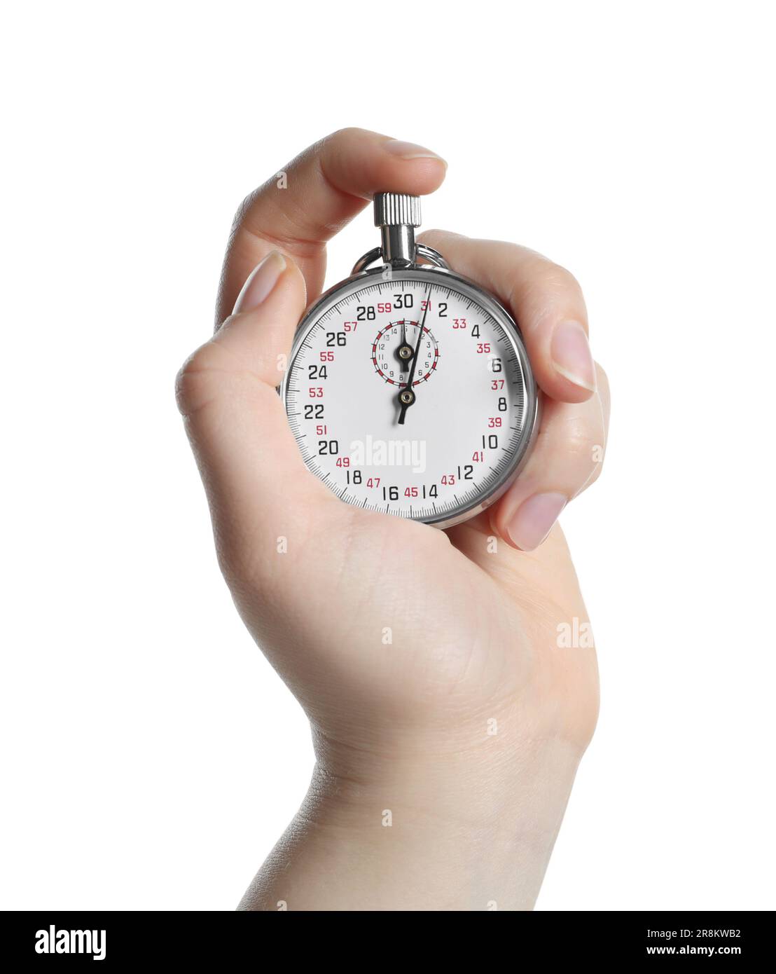 Woman holding vintage timer on white background, closeup Stock Photo ...