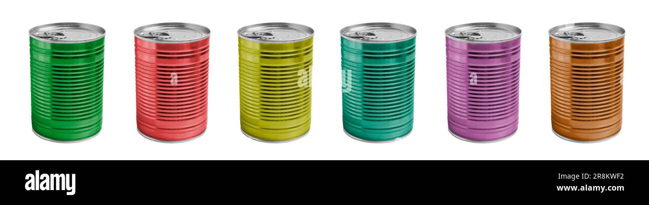Set of metal cans on white background Stock Photo - Alamy