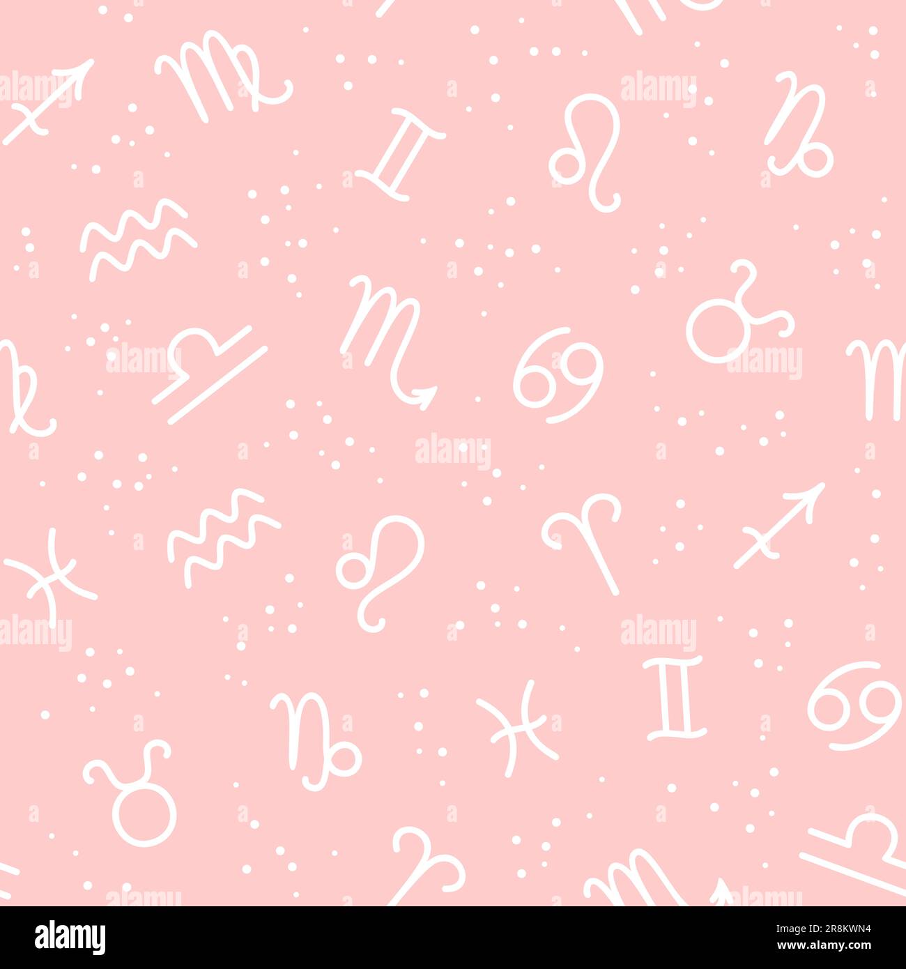 Seamless pattern of white zodiac signs and dots on a pink background ...