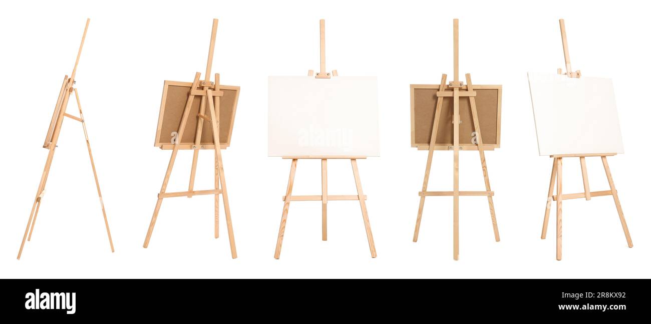 Wooden easel isolated on white, different sides Stock Photo - Alamy