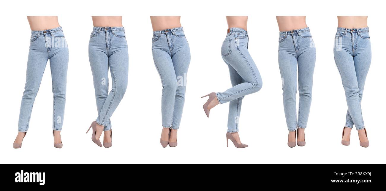 Collage with photos of woman in stylish jeans on white background ...