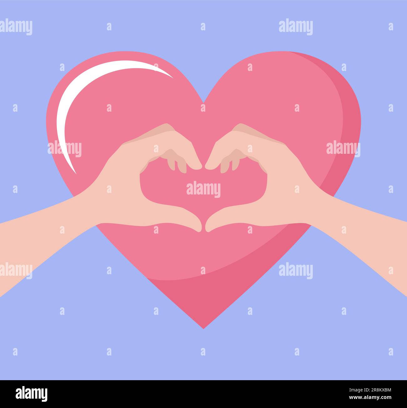 Two hands showing a heart sign on purple background with big pink heart ...