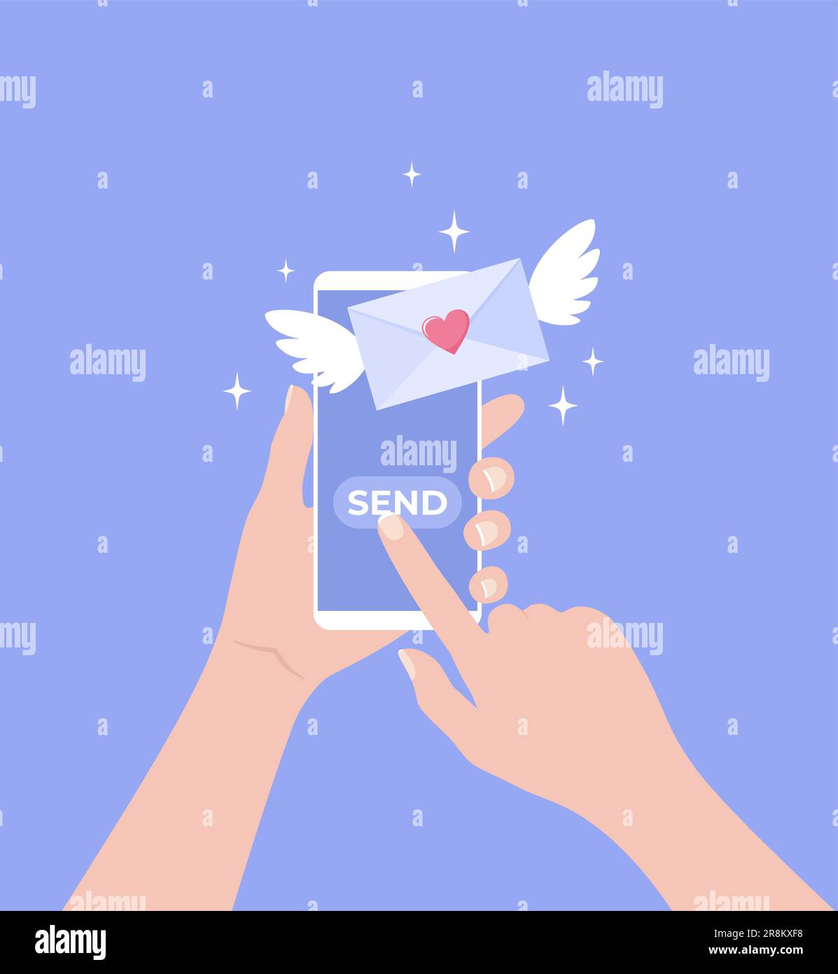Hands holding mobile phone with flying winged envelope on purple background. Sending a love ...