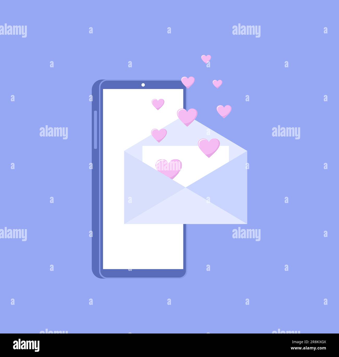 Isometric mobile phone with envelope and flying hearts on purple ...