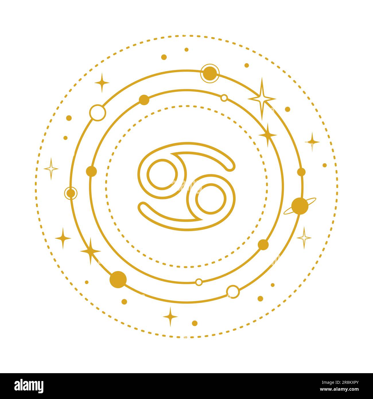 Golden Cancer sign stylized with planets and stars in orbits on a white ...