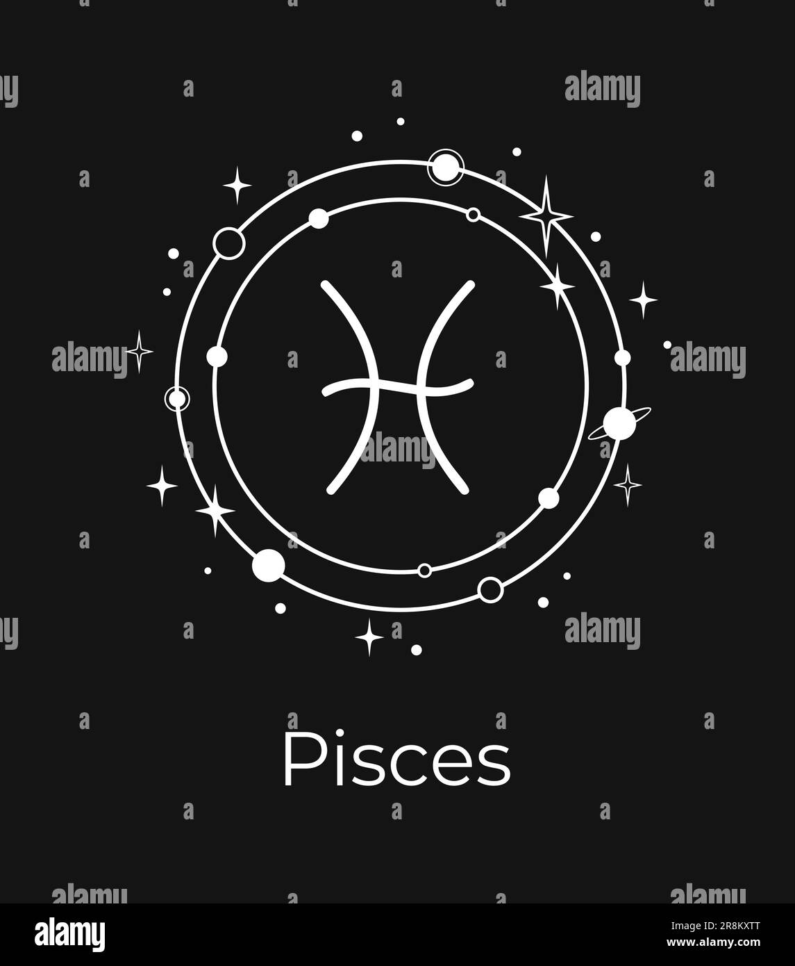 White Pisces sign with planets and stars on a black background Stock ...