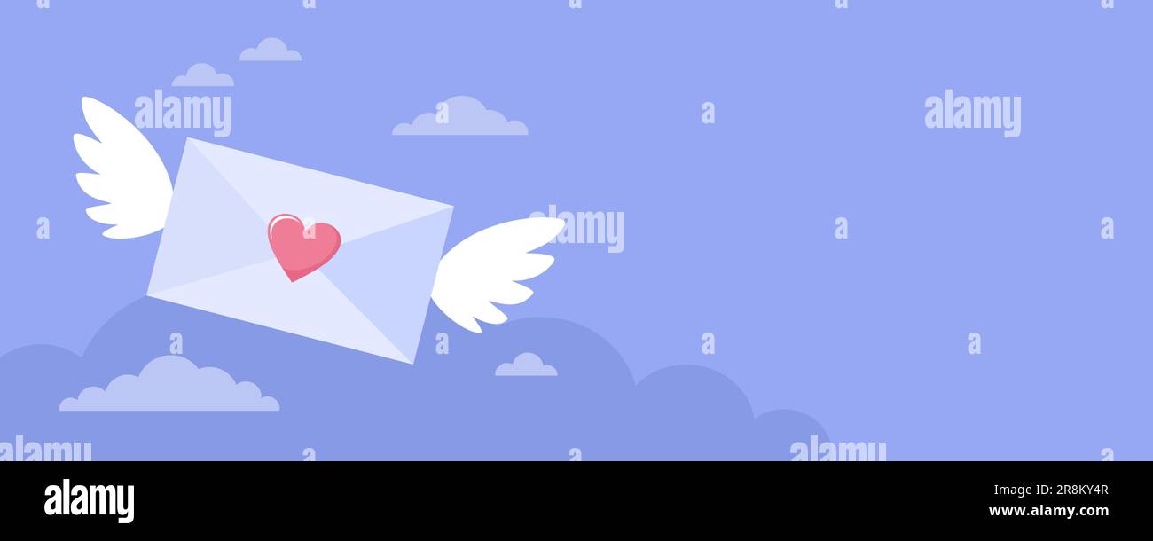 Envelope with pink heart and wings on a purple background with copy ...
