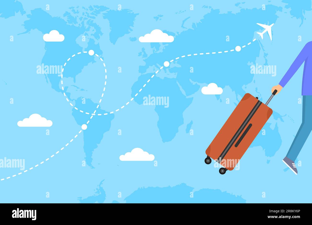 A person carring luggage on the background of a world map with flight ...