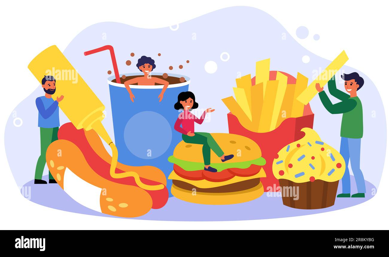 Tiny male and female characters interacting with fastfood Stock Vector ...