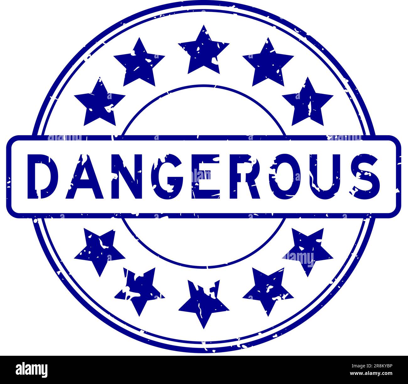 Grunge blue dangerous word with star icon round rubber seal stamp on ...