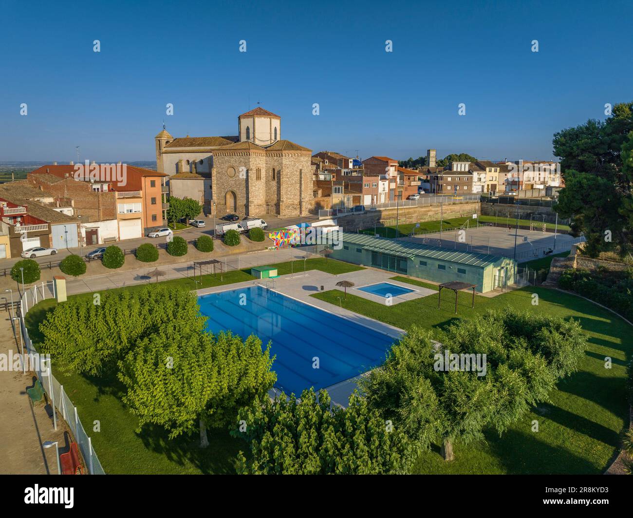 Aerial view of the church of Sant Miquel and the swimming pool of the ...