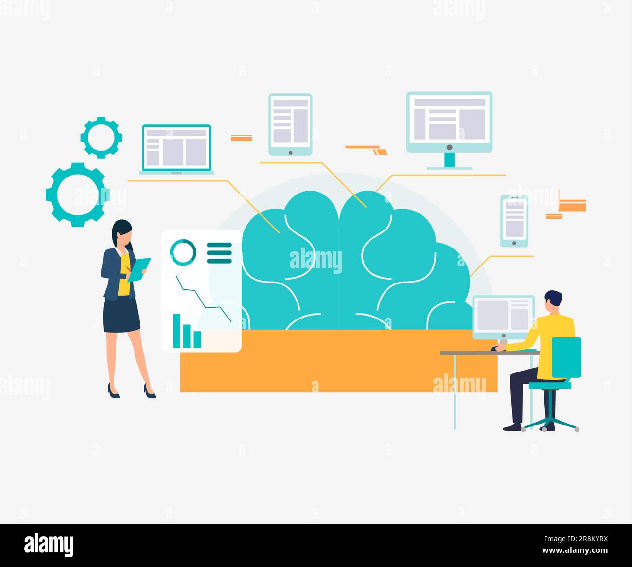 Business man and woman working, brain, diagram and devices Stock Vector ...