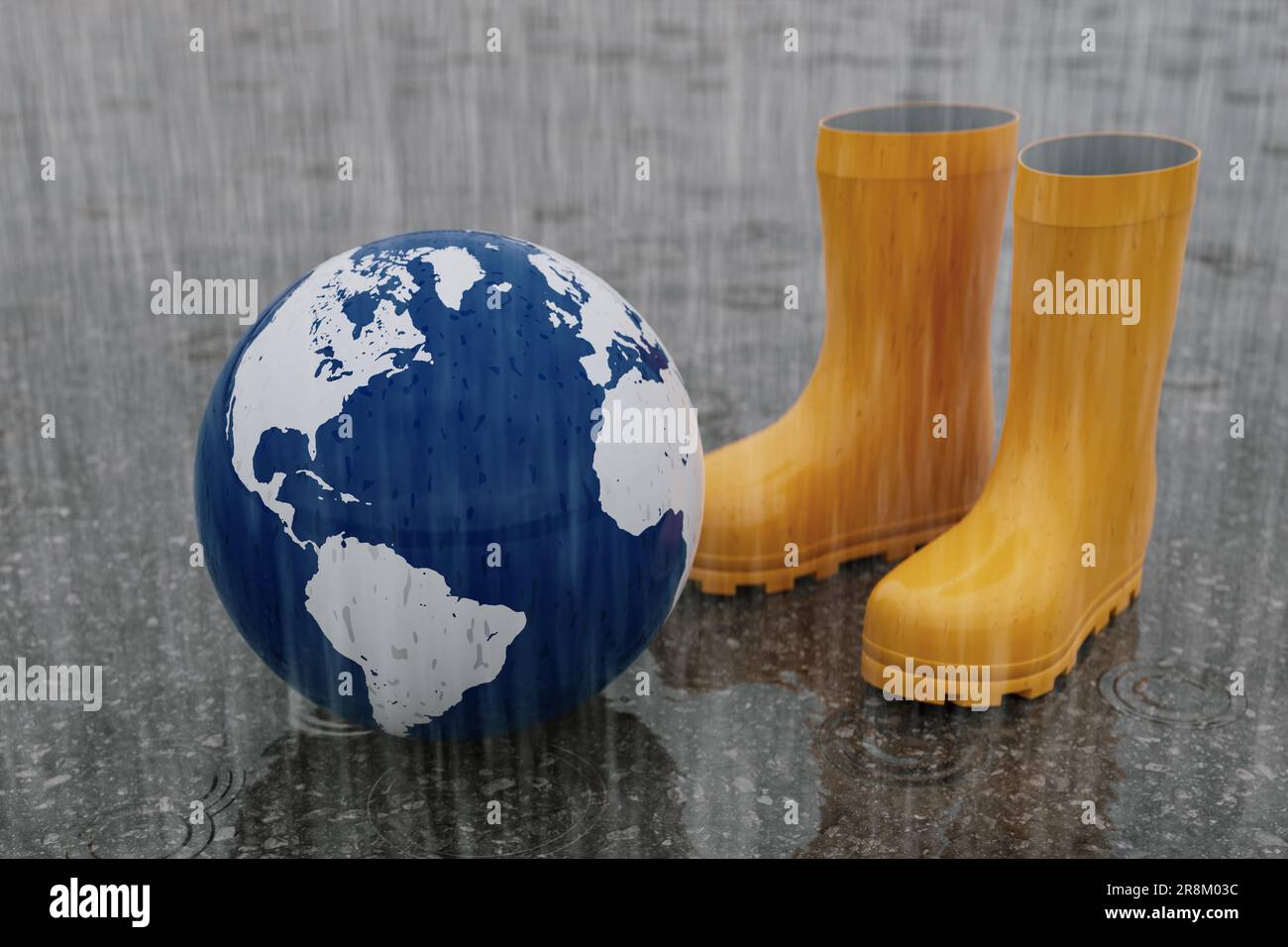 Earth soaking in rain next to yellow boots due to global heavy rain, 3d ...