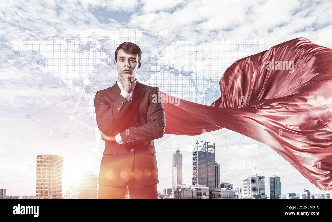 Concept of power and sucess with businessman superhero in big city ...