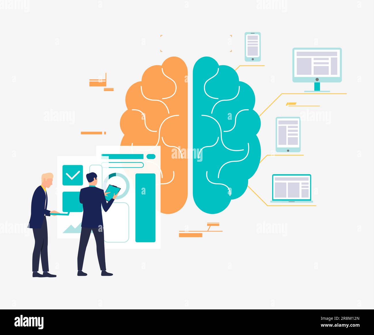 Business people working, brain, chart and digital devices Stock Vector ...