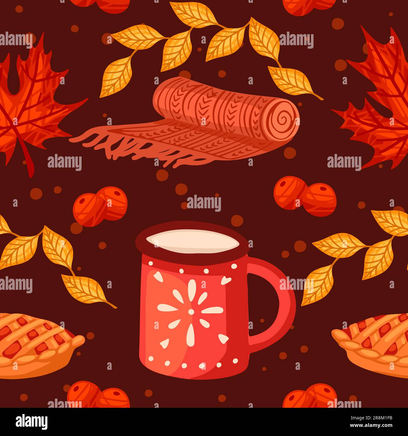 Autumn theme seamless pattern with red mug scarf and leaves vector ...