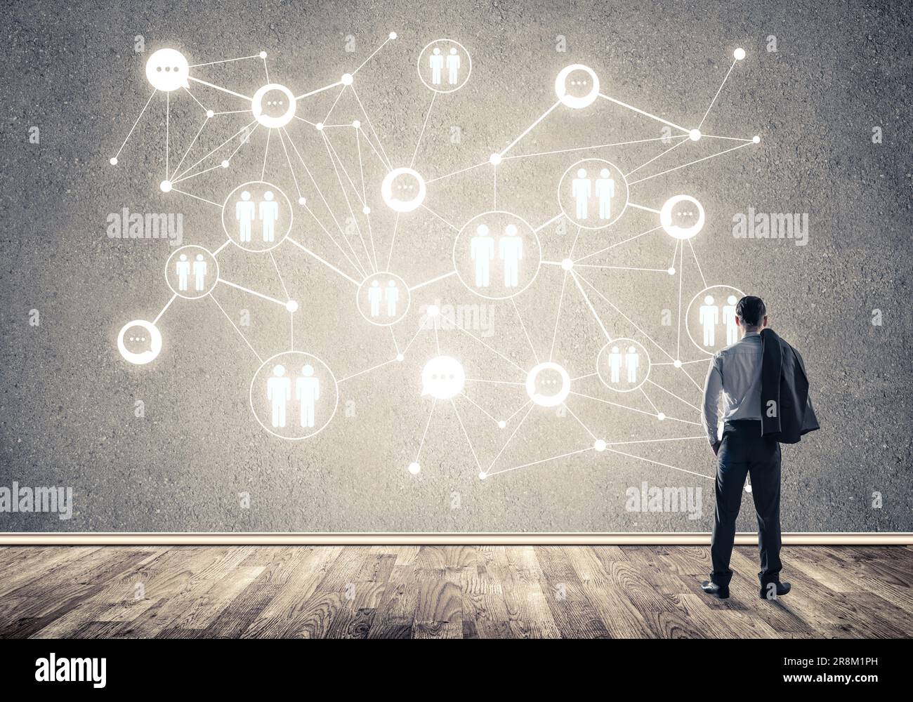 Connection lines drawn on concrete wall as symbol for networking Stock ...