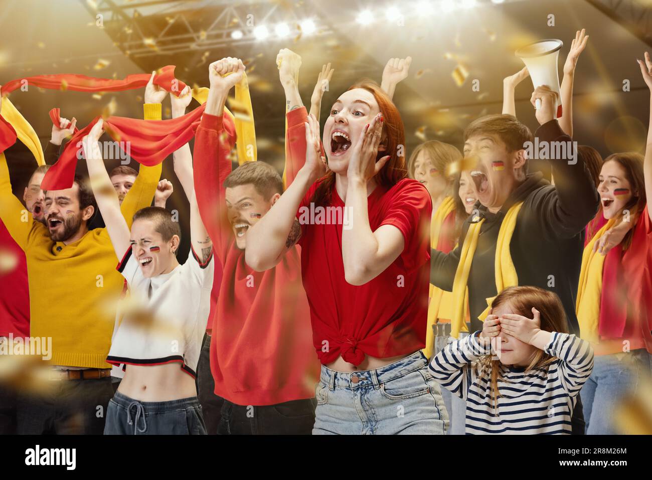 Young people, football fans attending match to watch game and loudly ...