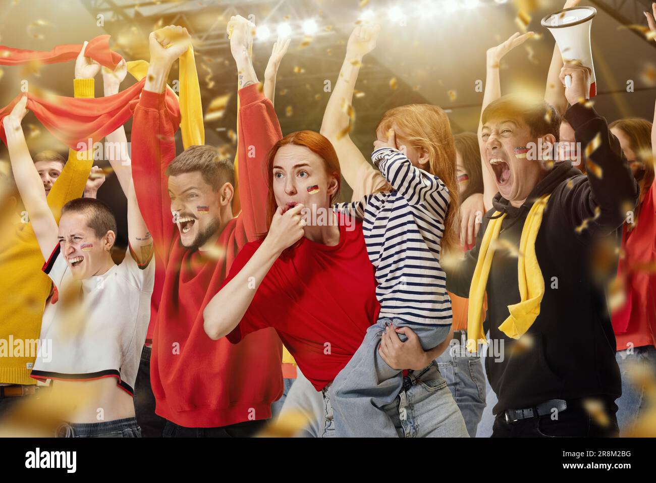 Young emotional, loud people, football fans attending match to watch ...