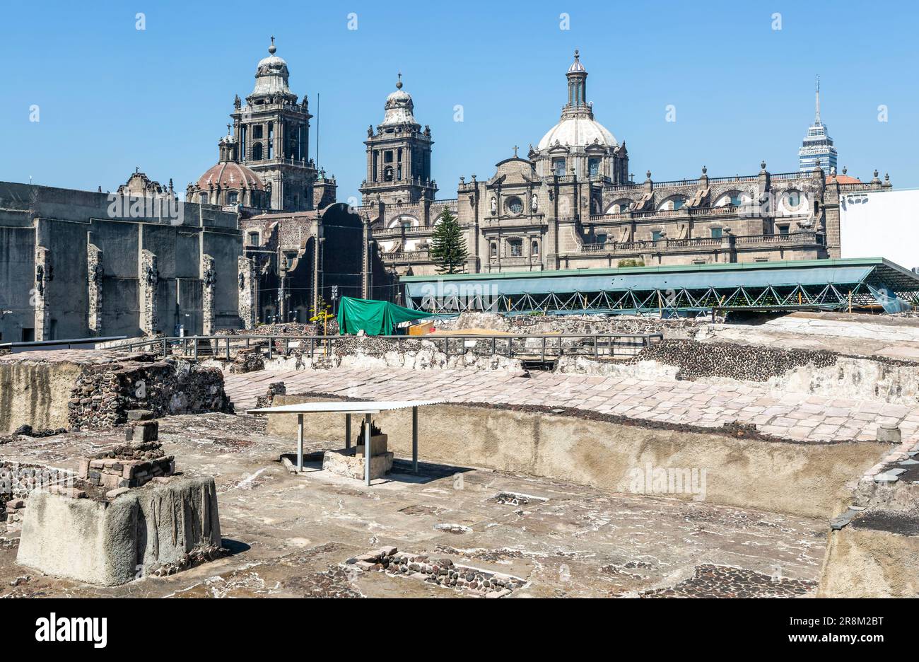 Templo Mayor archaeological Aztec city of Tenochtitlan, view to the ...
