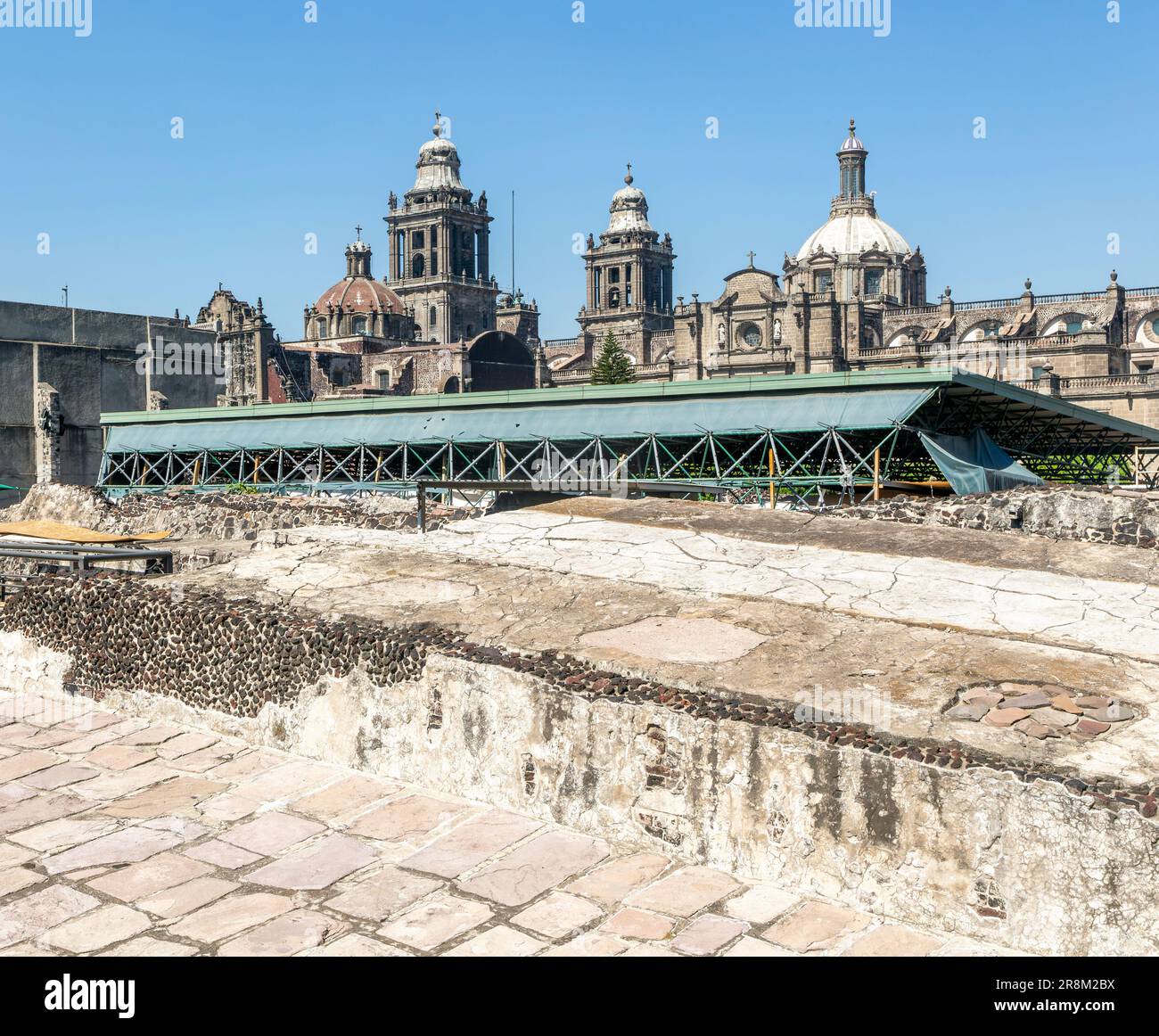 Templo Mayor archaeological Aztec city of Tenochtitlan, view to the ...