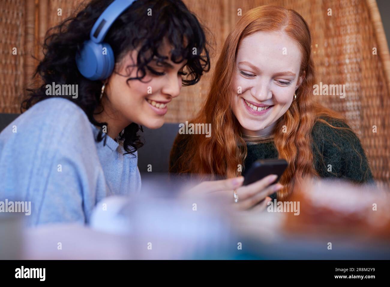 Smiling young women looking at social media on cell phone Stock Photo ...