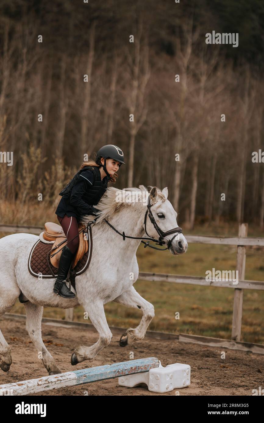 View of girl horseback riding Stock Photo - Alamy