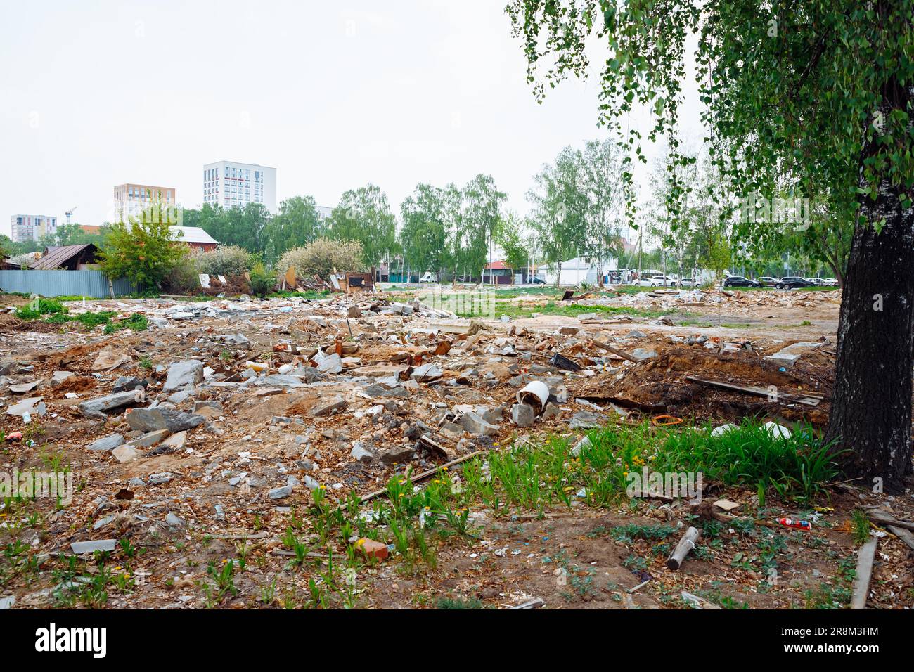 construction waste dump on wasteland. pile of destroyed house, ruins ...