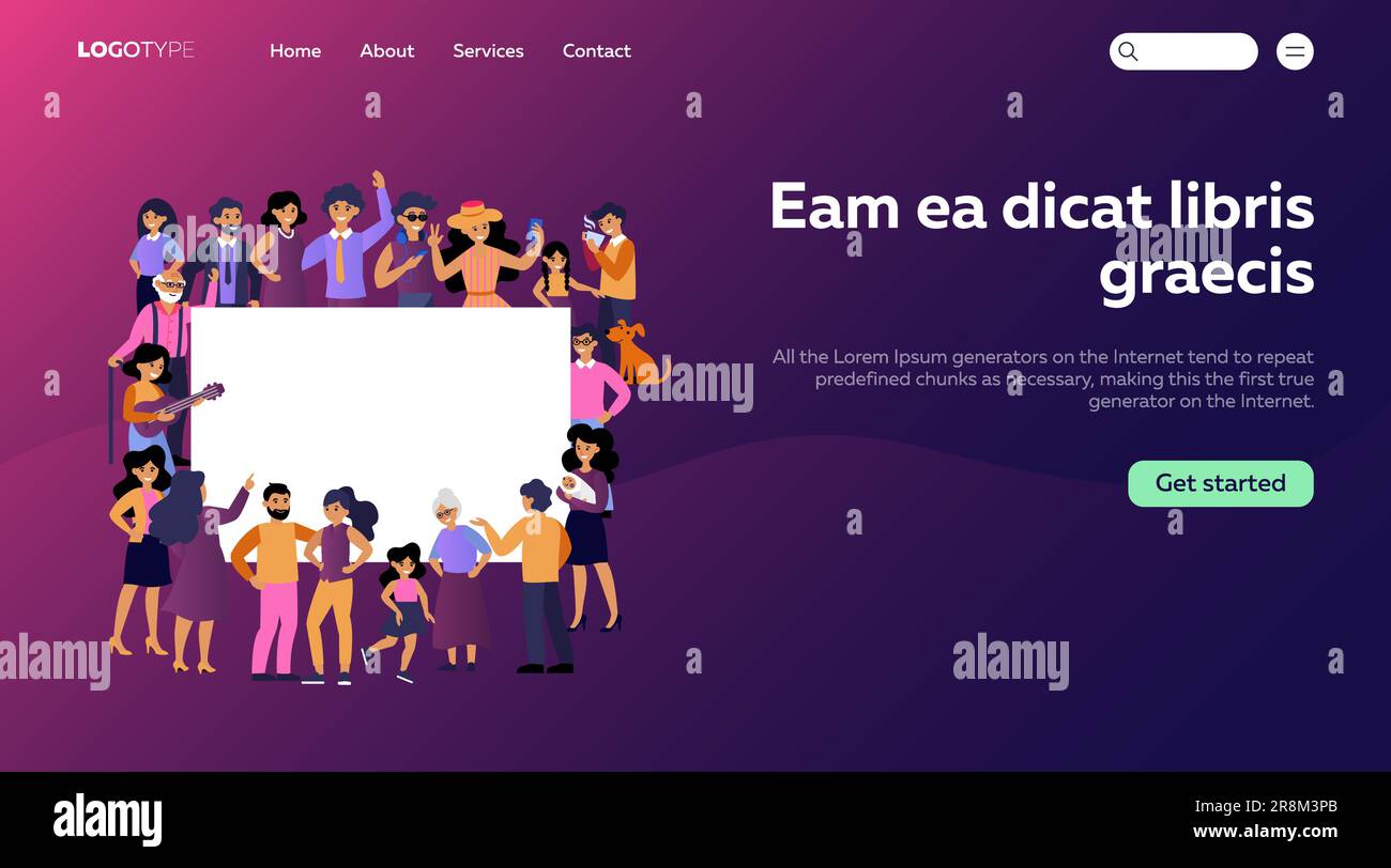 Crowd of different people standing together around blank banner Stock ...