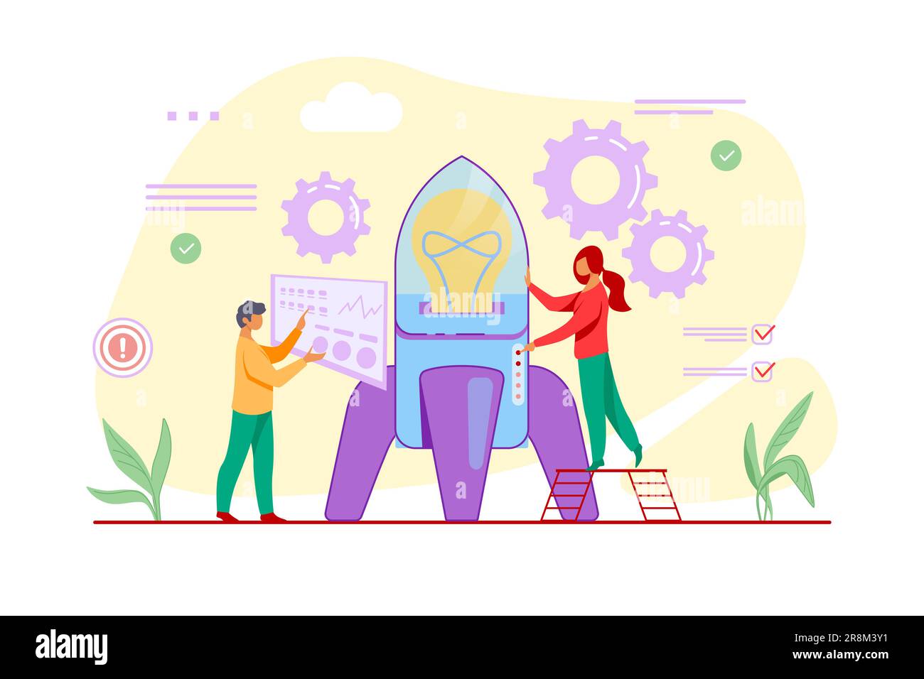 Man setting rocket, woman pushing button on spaceship Stock Vector ...