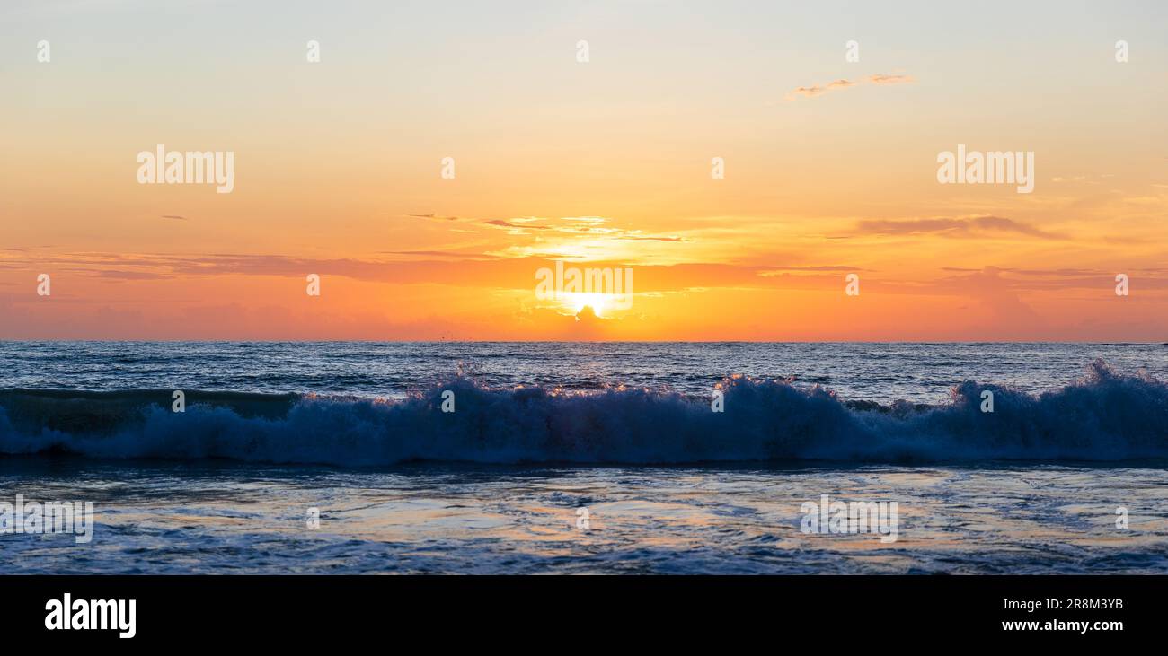 Natural scene of strong wave hit the beach with sunset sky, Phuket ...