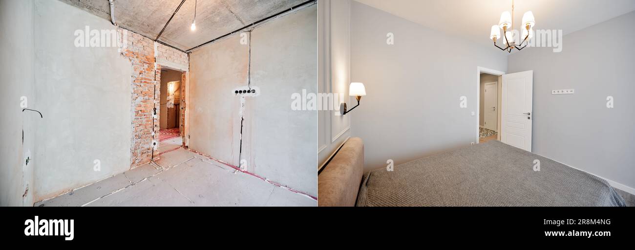 Photo collage of apartment room before and after restoration or ...