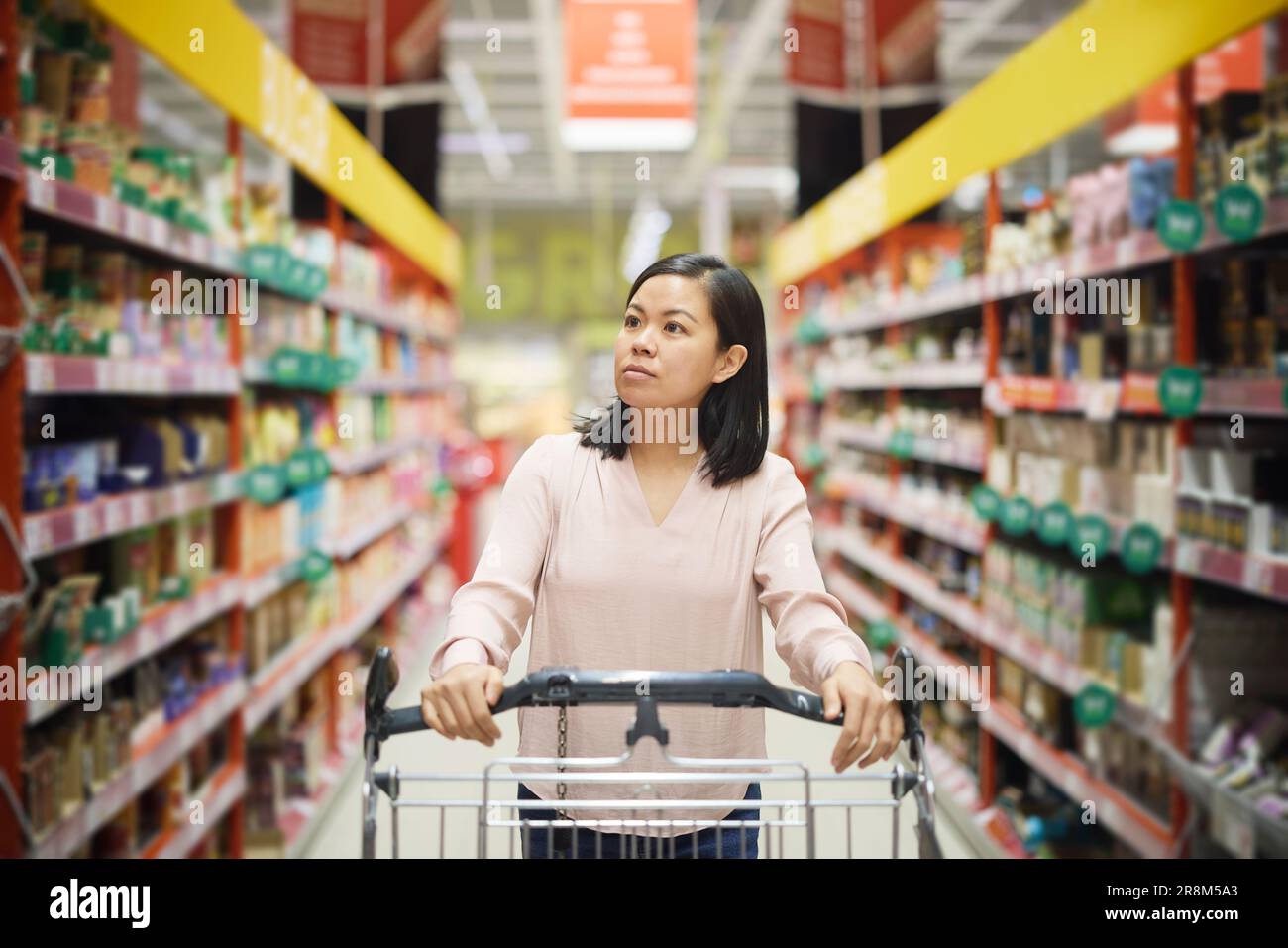Woman looking at prices during inflation while doing shopping in ...