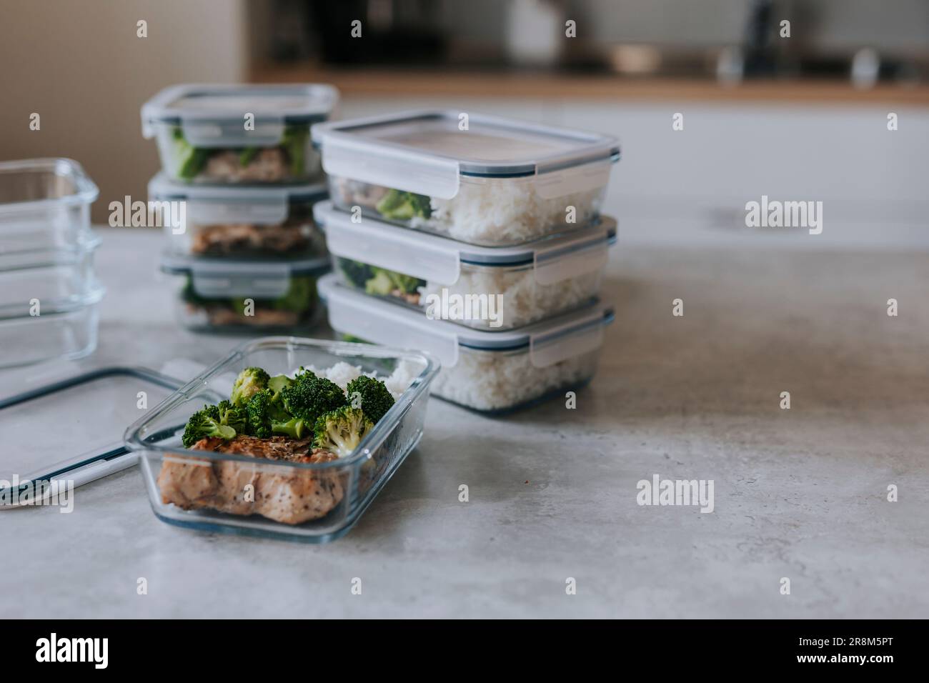 Stacks of boxes with healthy lunches as part of meal prep Stock Photo ...