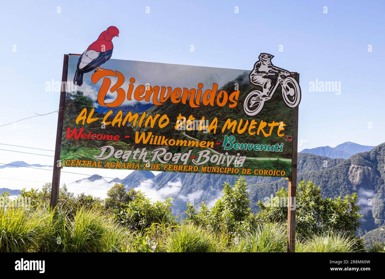 Sign at the beginning of the death road, the "Camino de la Muerte", in ...