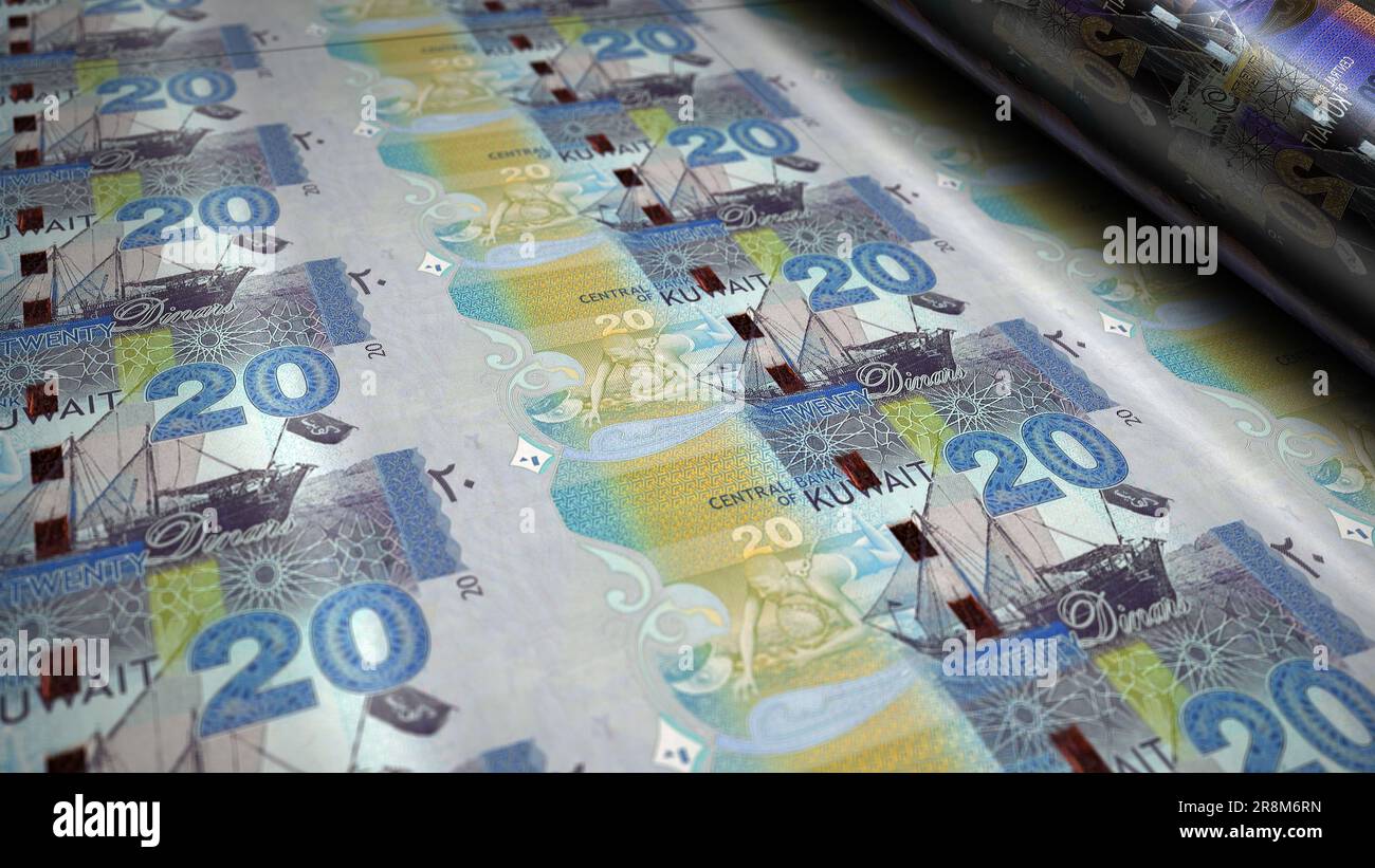 Kuwaiti Dinar money printing 3d illustration. 20 KWD banknote print ...