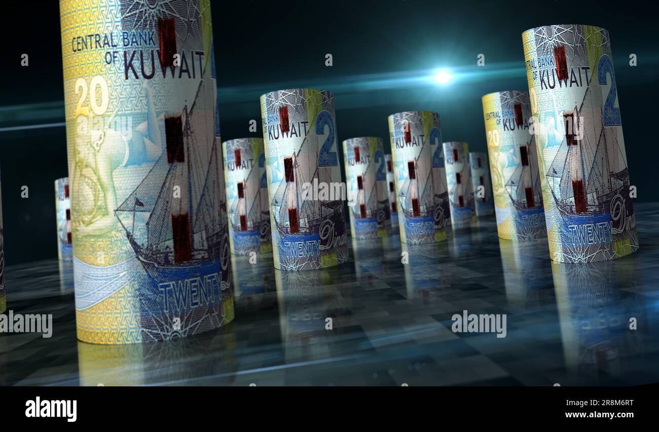 Kuwait money Kuwaiti Dinar money roll 3d illustration. 20 KWD banknote ...