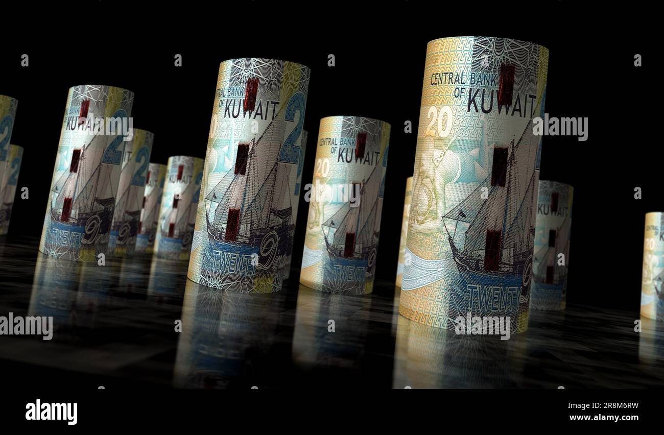 Kuwait money Kuwaiti Dinar money roll 3d illustration. 20 KWD banknote ...