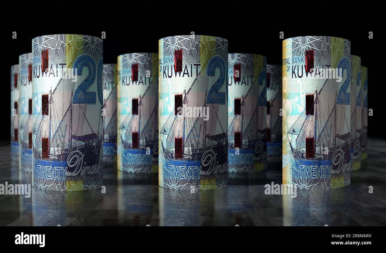 Kuwait money Kuwaiti Dinar money roll 3d illustration. 20 KWD banknote ...