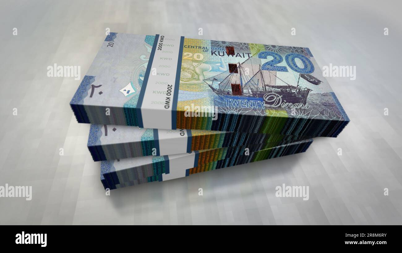Kuwait money Kuwaiti Dinar money pack 3d illustration. 20 KWD banknote ...
