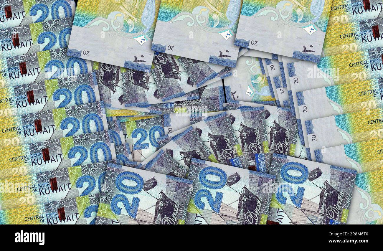 Kuwait Dinar banknotes in a cash fan mosaic pattern loop. Kuwaiti KWD ...