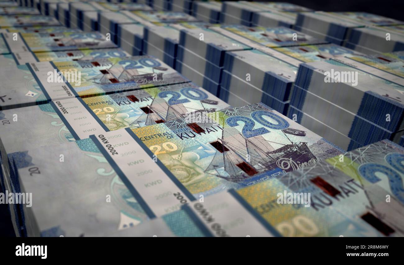 Kuwaiti Dinar money printing 3d illustration. 20 KWD banknote print ...