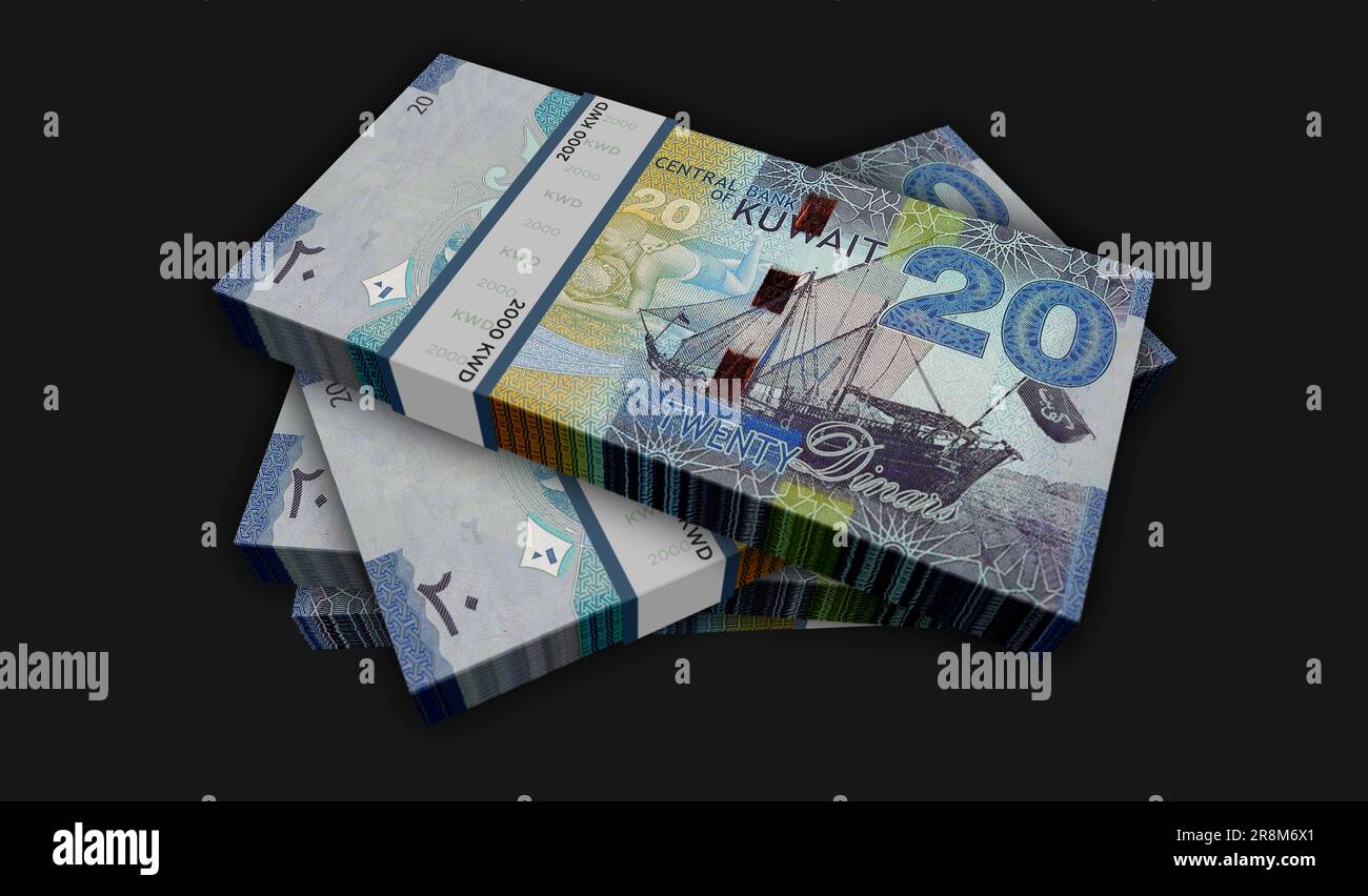Kuwait money Kuwaiti Dinar money pack 3d illustration. 20 KWD banknote ...