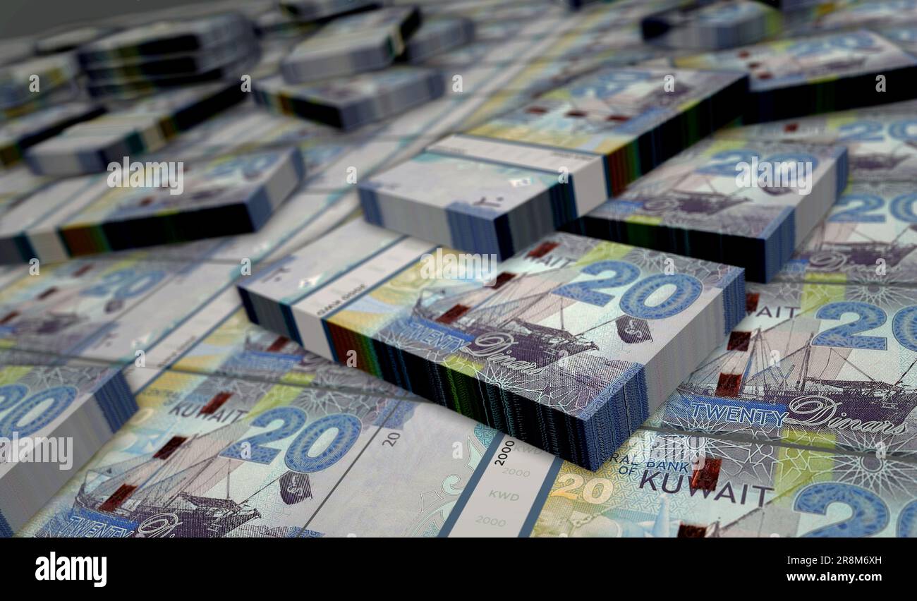 Kuwaiti Dinar money printing 3d illustration. 20 KWD banknote print ...