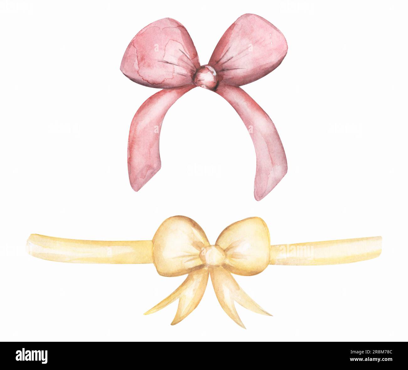 Set of Pink and yellow gift bow in watercolor. Hand drawing decorative ...